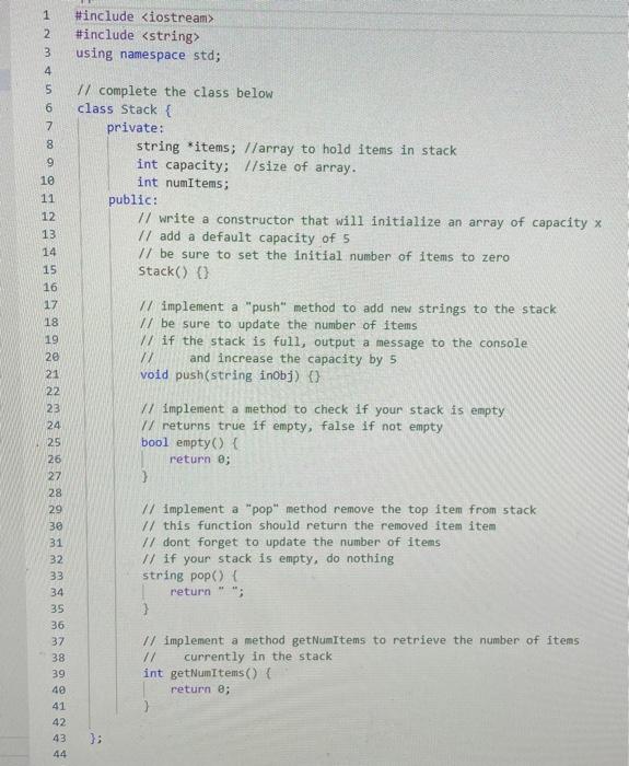 Solved g namespace std; omplete the class below s stack \{ | Chegg.com