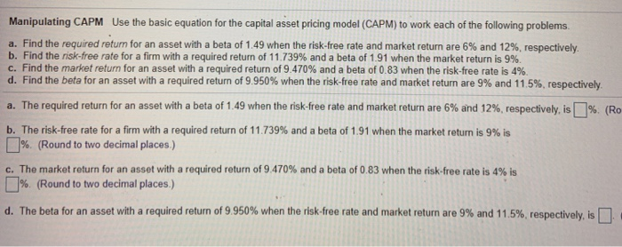 Solved Manipulating CAPM Use the basic equation for the | Chegg.com
