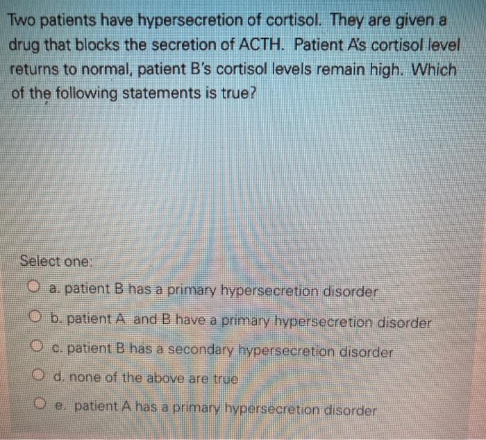 Solved Two patients have hypersecretion of cortisol. They | Chegg.com