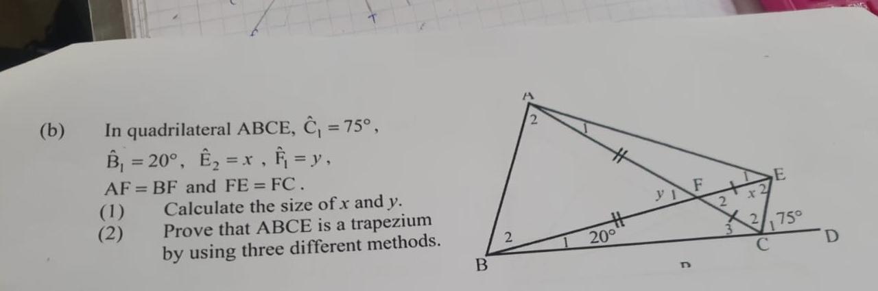 Solved b) In quadrilateral ABCE,C^1=75∘, | Chegg.com