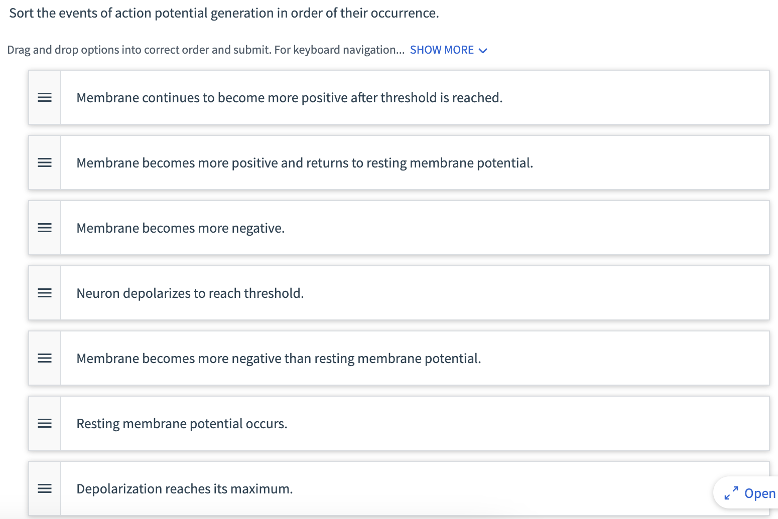 Solved Sort the events of action potential generation in | Chegg.com