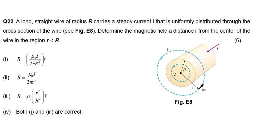 Solved Q22 A long, straight wire of radius R carries a | Chegg.com