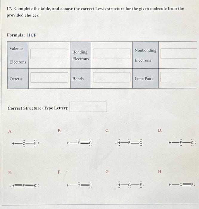 Solved 17. Complete the table, and choose the correct Lewis | Chegg.com