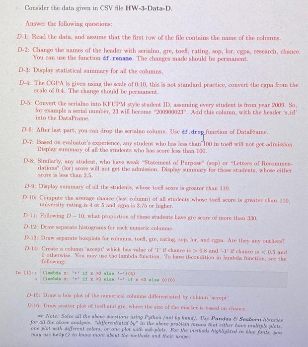 Solved Consider the data given in CSV file HW-3-Data-D. | Chegg.com
