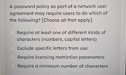 Solved A password policy as part of a network user agreement | Chegg.com