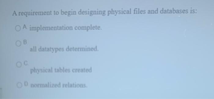 Solved A requirement to begin designing physical files and | Chegg.com