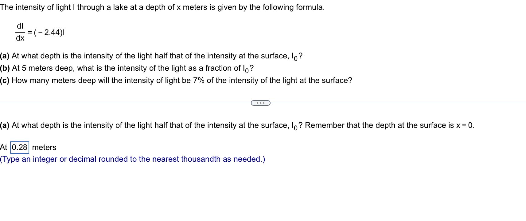 Solved The intensity of light I through a lake at a depth of | Chegg.com