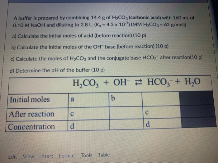Solved A buffer is prepared by combining 14.4 g of H2CO3 | Chegg.com