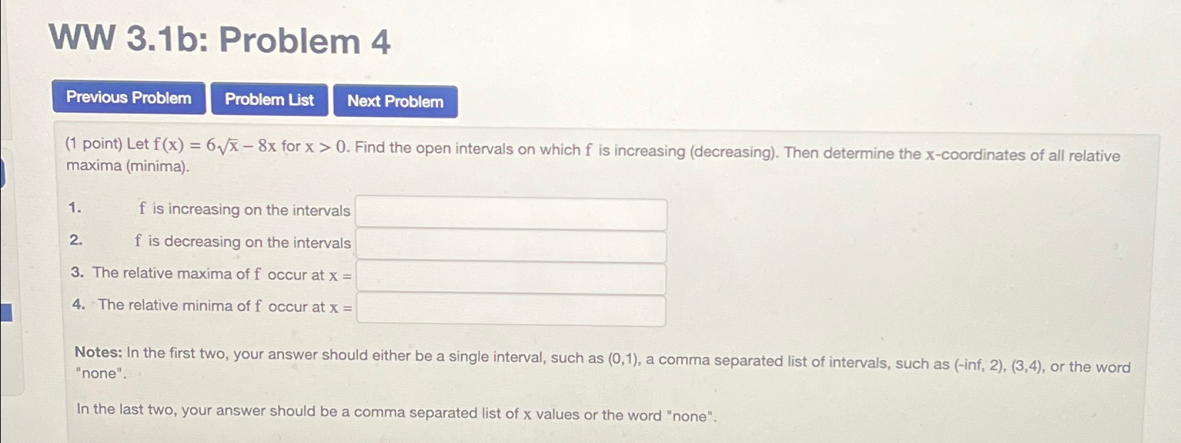 Solved WW 3.1b: Problem 4(1 ﻿point) ﻿Let f(x)=6x2-8x ﻿for | Chegg.com