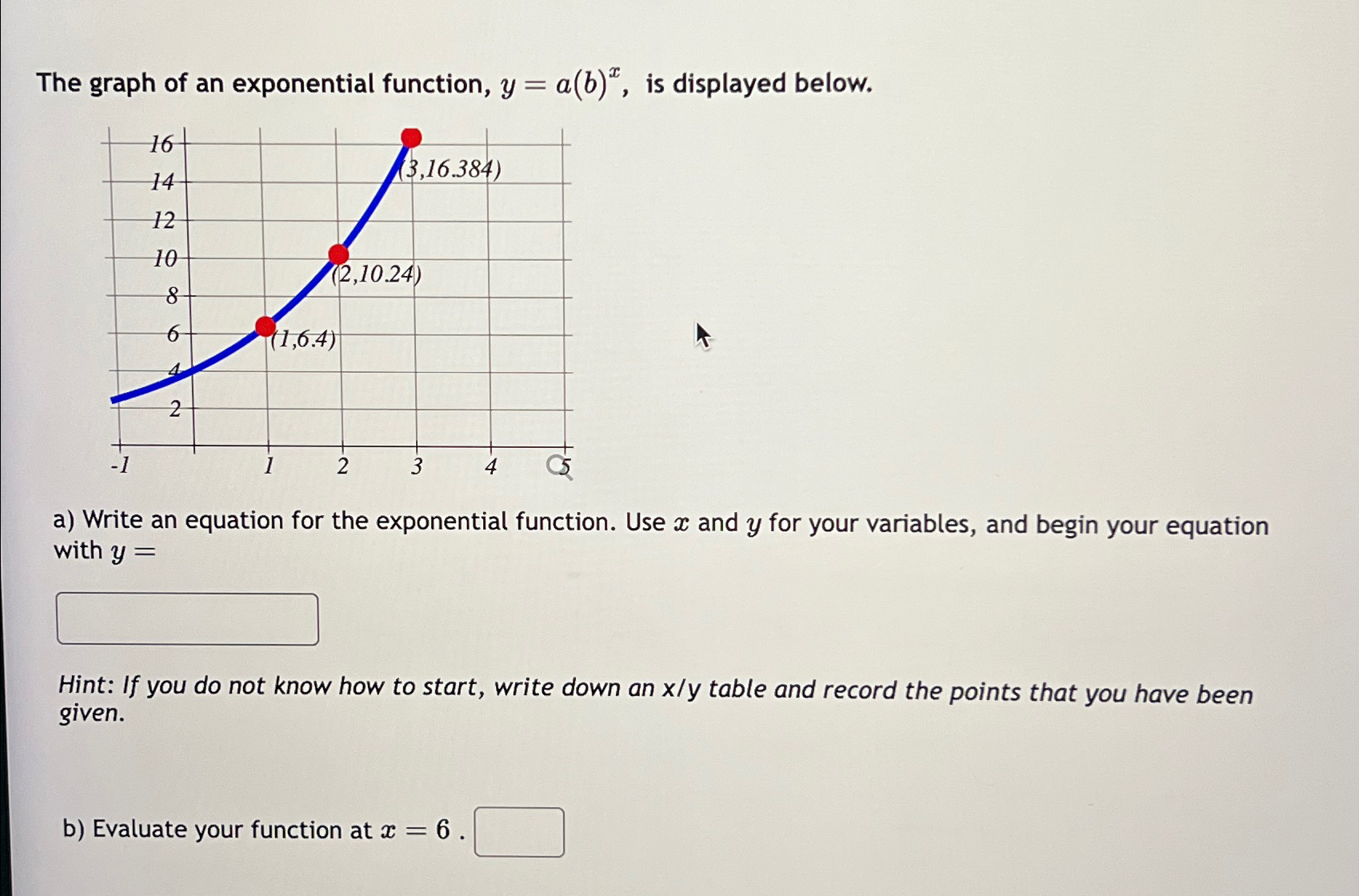 Solved The graph of an exponential function, y=a(b)x, ﻿is | Chegg.com