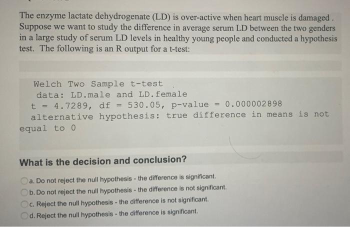 Solved The enzyme lactate dehydrogenate (LD) is over-active | Chegg.com