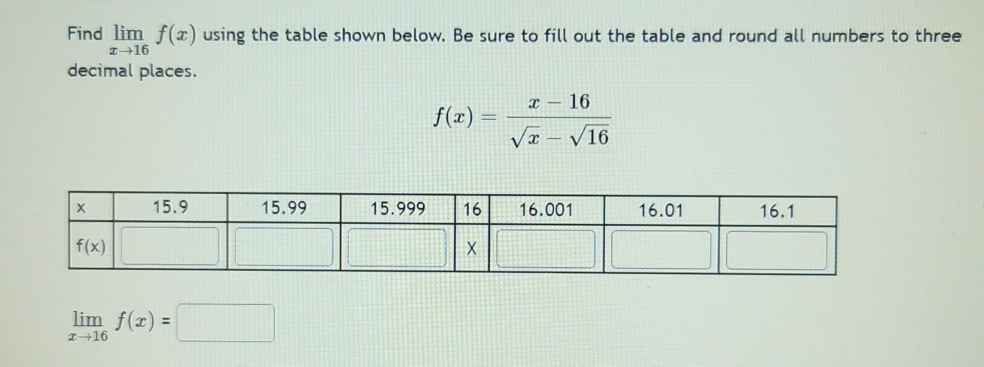 Solved Find limx→16f(x) using the table shown below. Be sure | Chegg.com