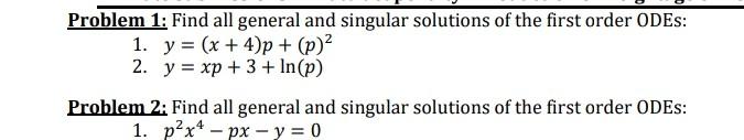 Solved Problem 1: Find all general and singular solutions of | Chegg.com