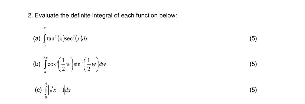 Solved 2. Evaluate the definite integral of each function | Chegg.com
