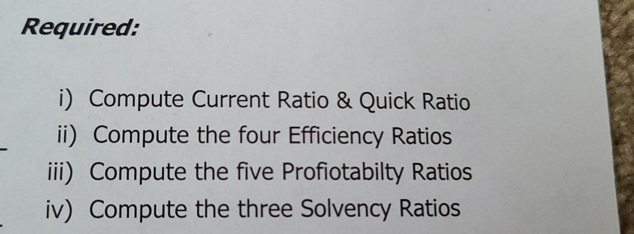 Solved Required: i) Compute Current Ratio & Quick Ratio ii) | Chegg.com