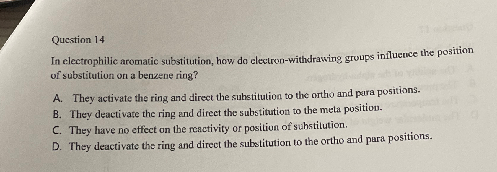 Solved Question 14In electrophilic aromatic substitution, | Chegg.com