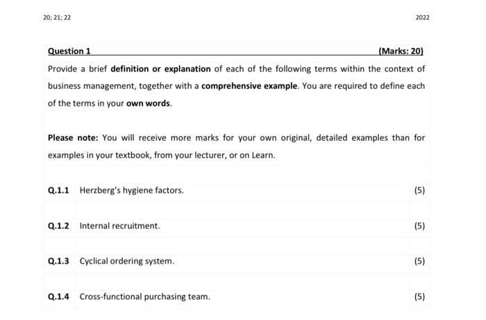 Question 1 (Marks: 20) Provide a brief definition or | Chegg.com