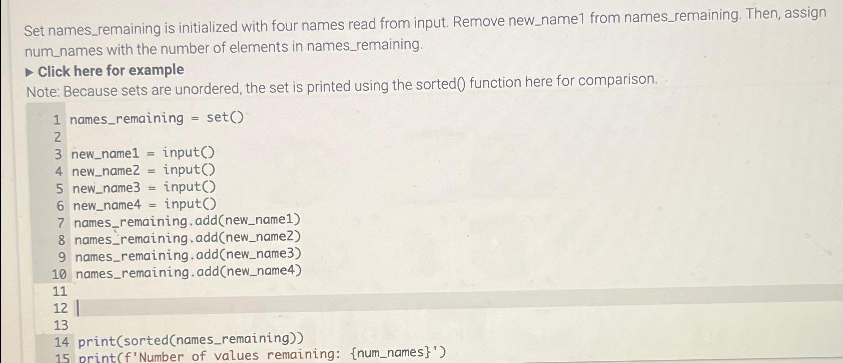 Solved Set names_remaining is initialized with four names | Chegg.com