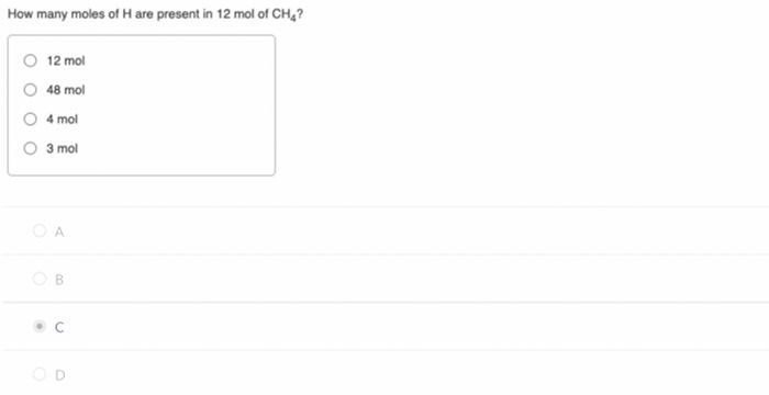Solved How many moles of H are present in 12 mol of CH4 ? 12 | Chegg.com