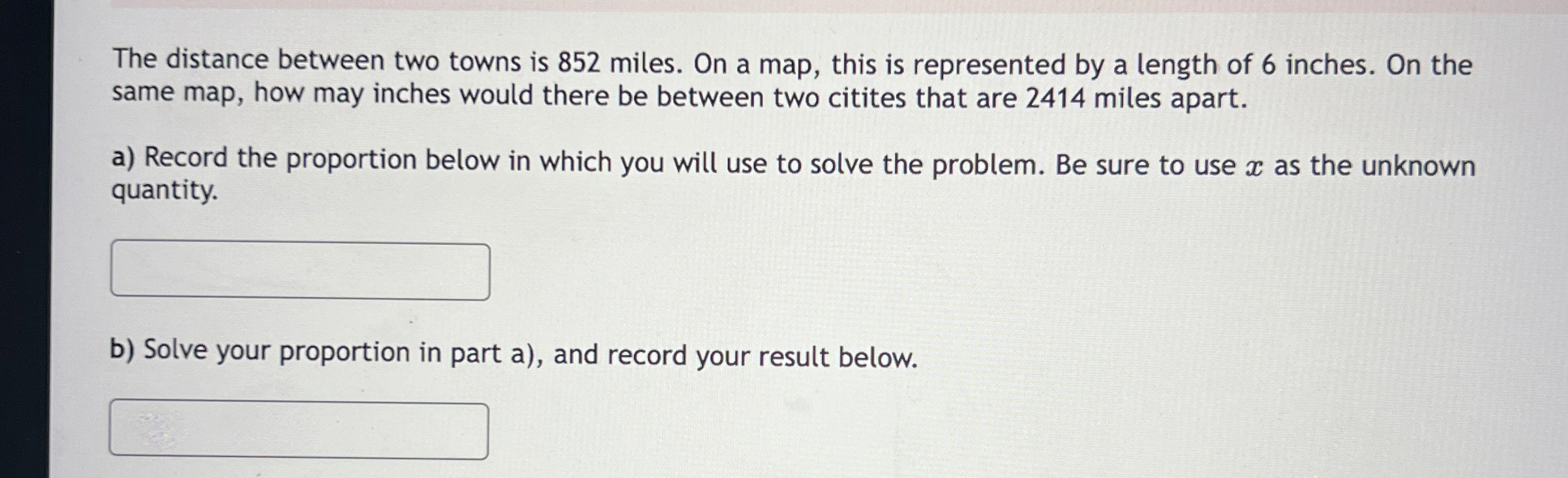 Solved The distance between two towns is 852 ﻿miles. On a | Chegg.com