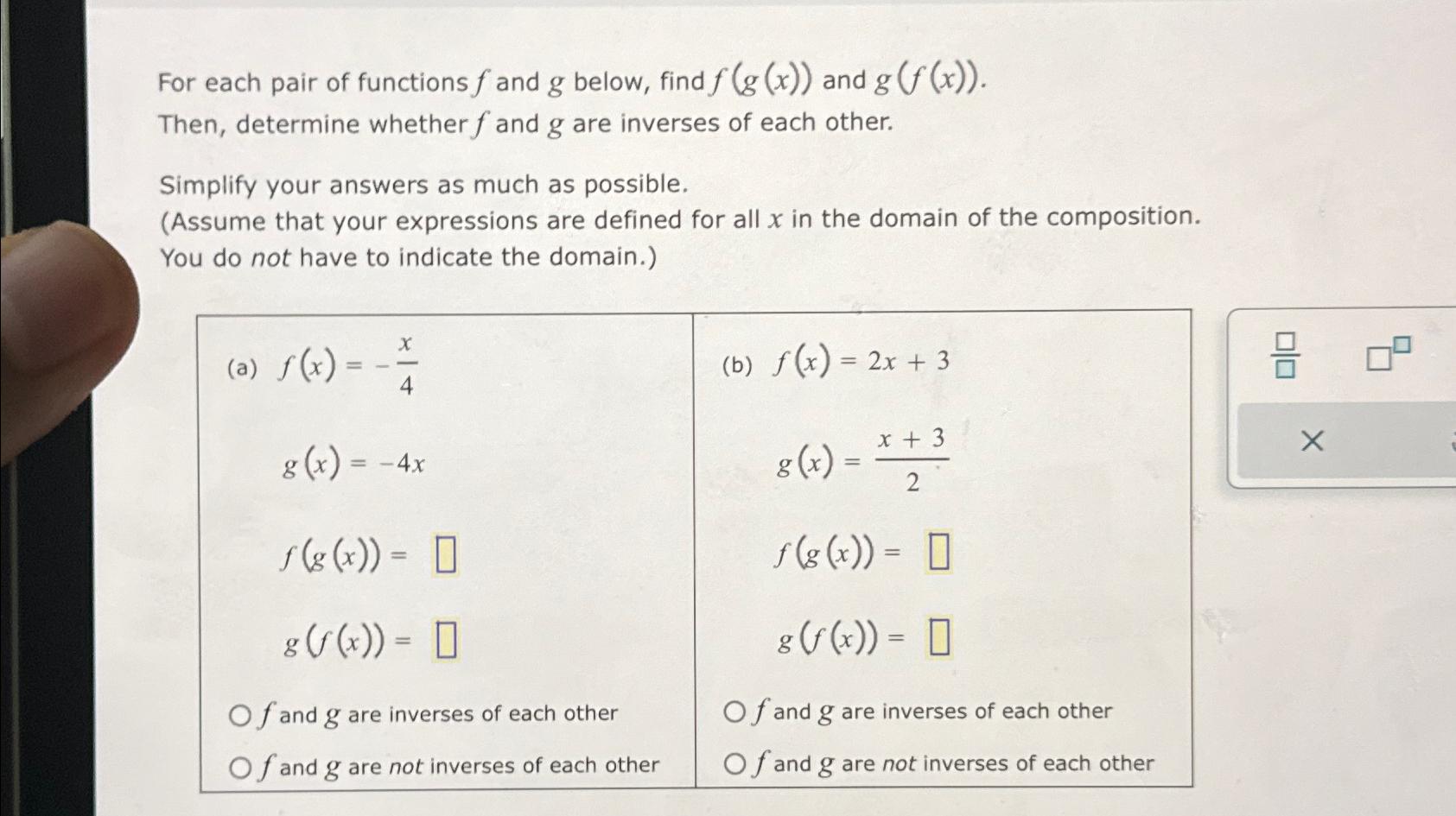 Solved For each pair of functions f ﻿and g ﻿below, find | Chegg.com