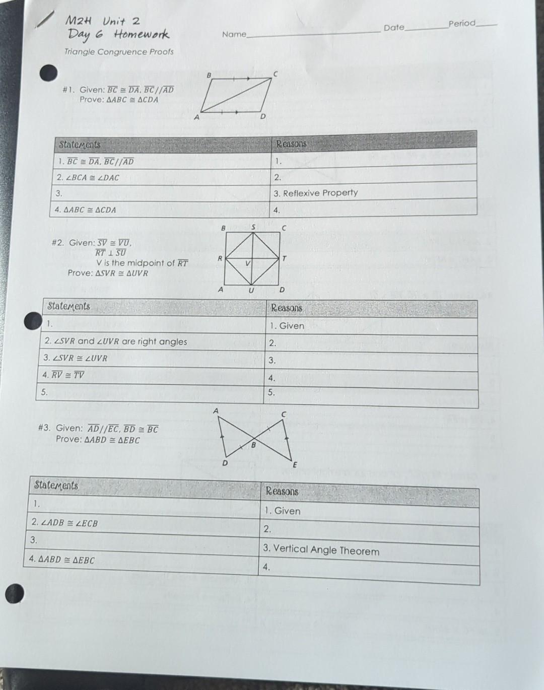 Solved M2H Unit 2 Day 6 Homework Period_ Triangle Congruence | Chegg.com