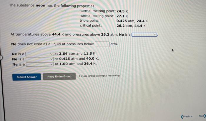 Solved The substance neon has the following properties: | Chegg.com