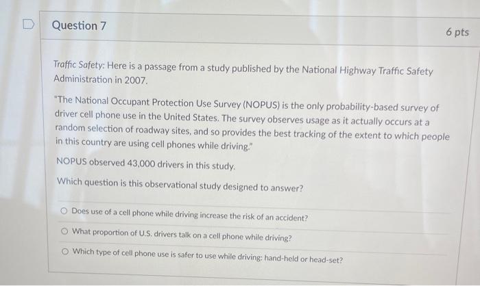 Solved Traffic Safety: Here is a passage from a study | Chegg.com