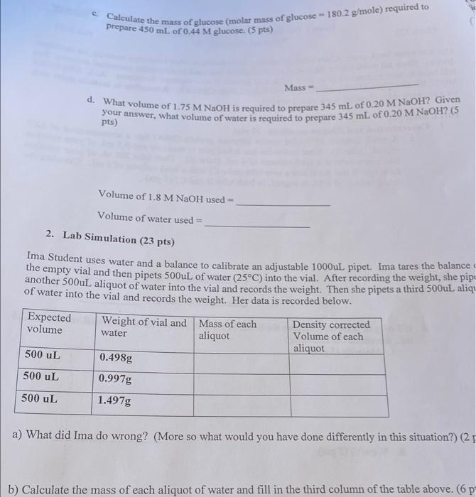 Solved c. Calculate the mass of glucose (molar mass of | Chegg.com