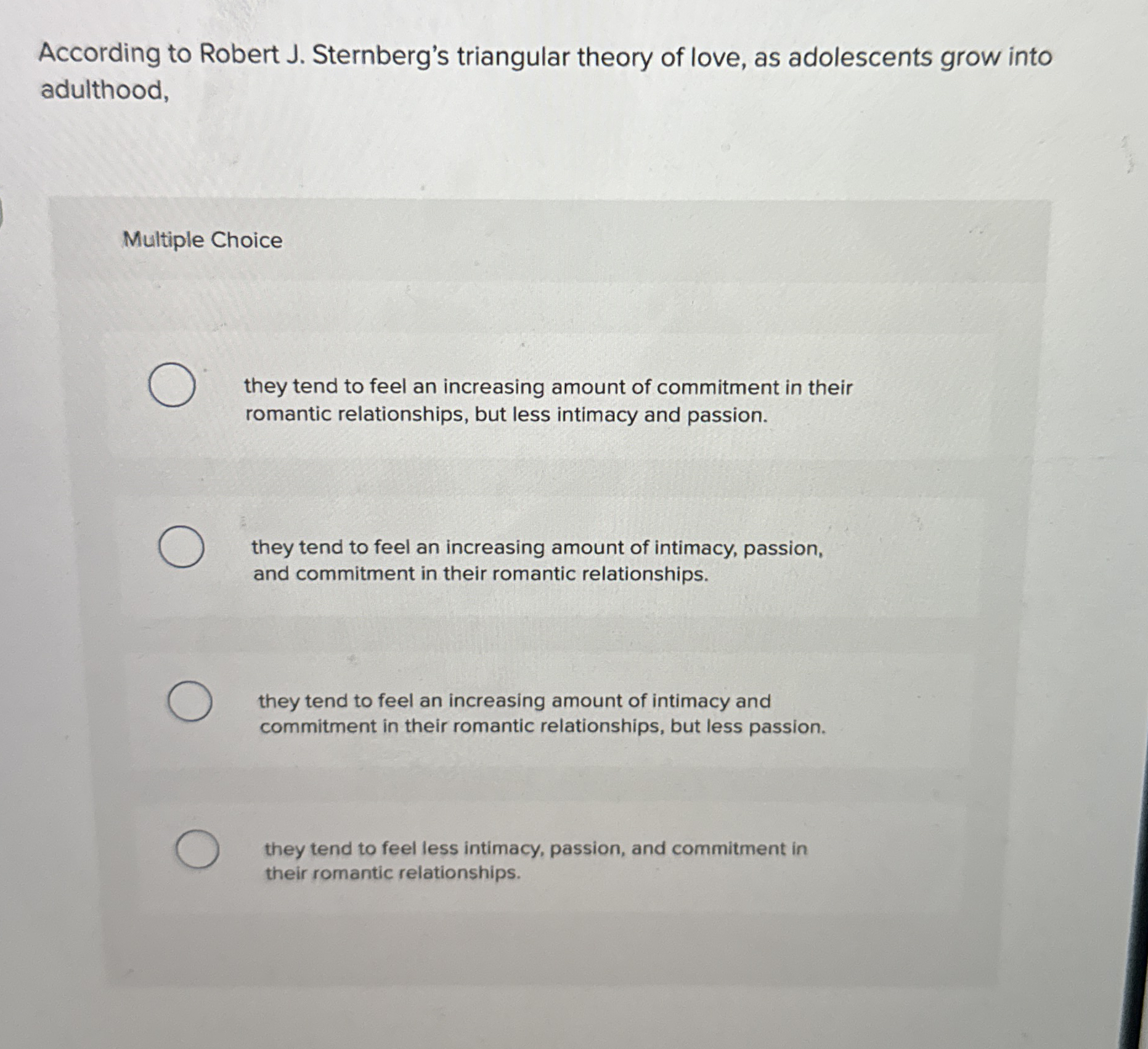 Solved According to Robert J. ﻿Sternberg's triangular theory | Chegg.com