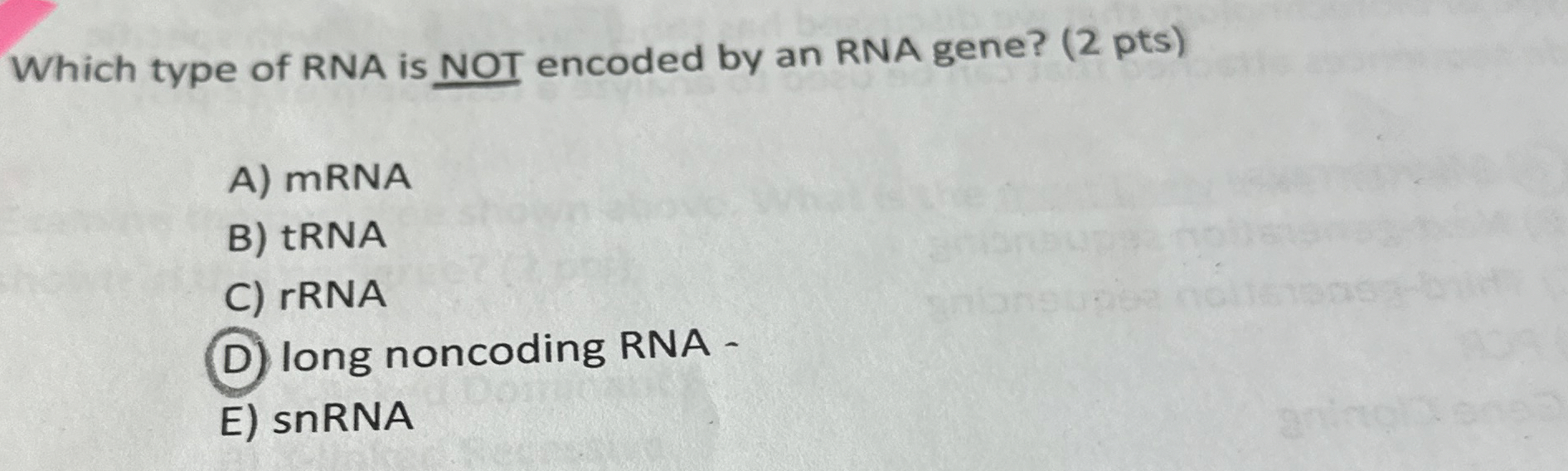 Solved Which type of RNA is NOT encoded by an RNA gene? (2 | Chegg.com