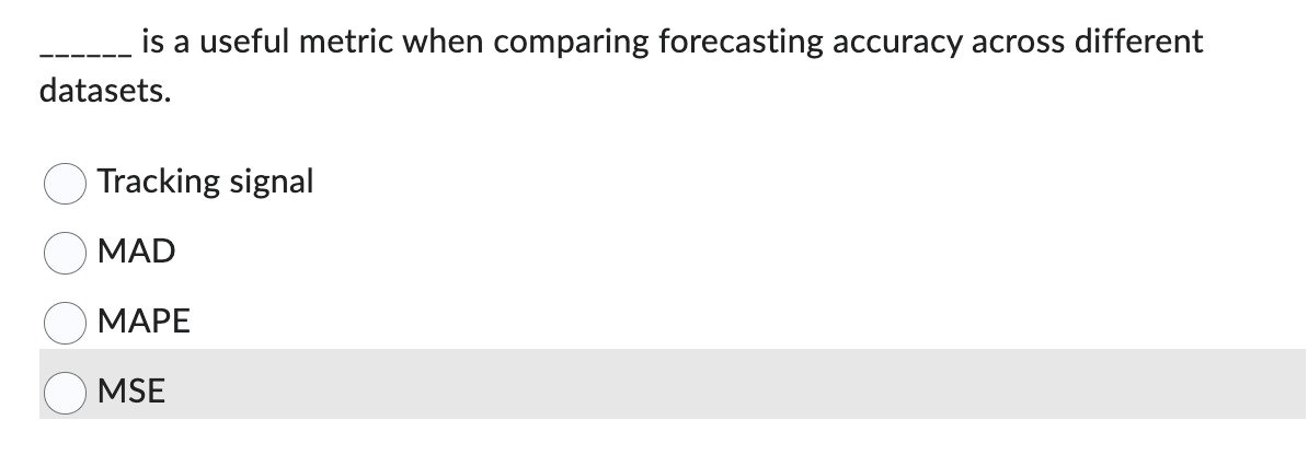 Solved is a useful metric when comparing forecasting | Chegg.com