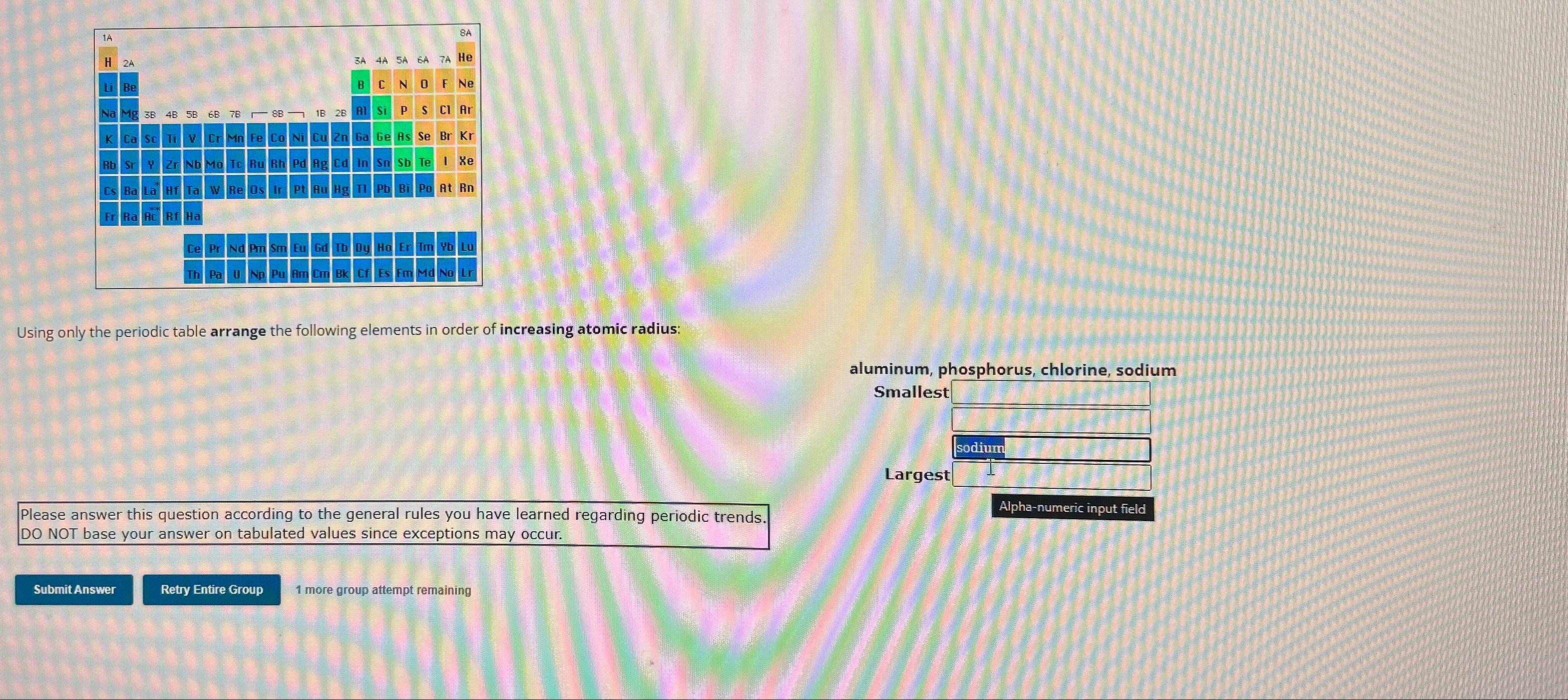 Solved Using only the periodic table arrange the following | Chegg.com