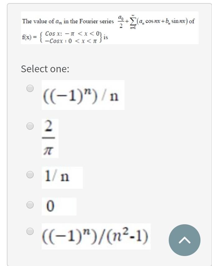 Solved The value of an in the Fourier series ao 2 >b (a, cos | Chegg.com