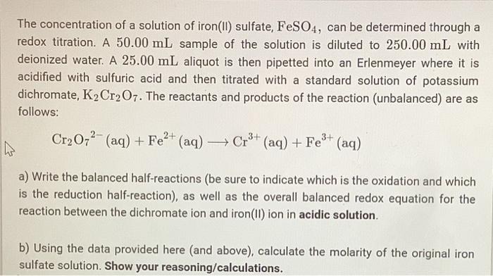 Solved The concentration of a solution of iron(II) sulfate, | Chegg.com