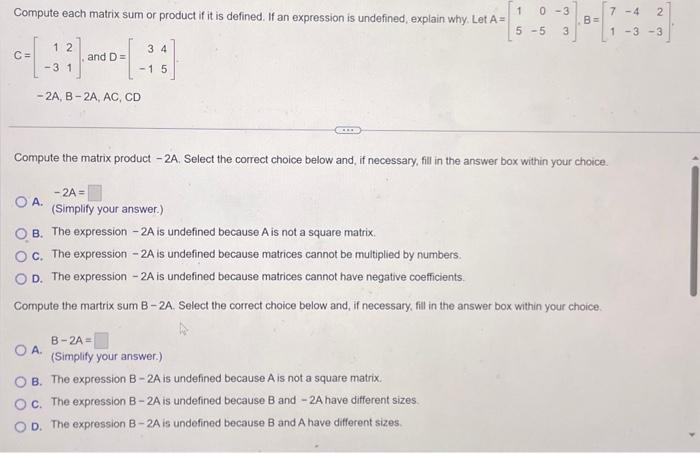 Solved Compute each matrix sum or product if it is defined. | Chegg.com