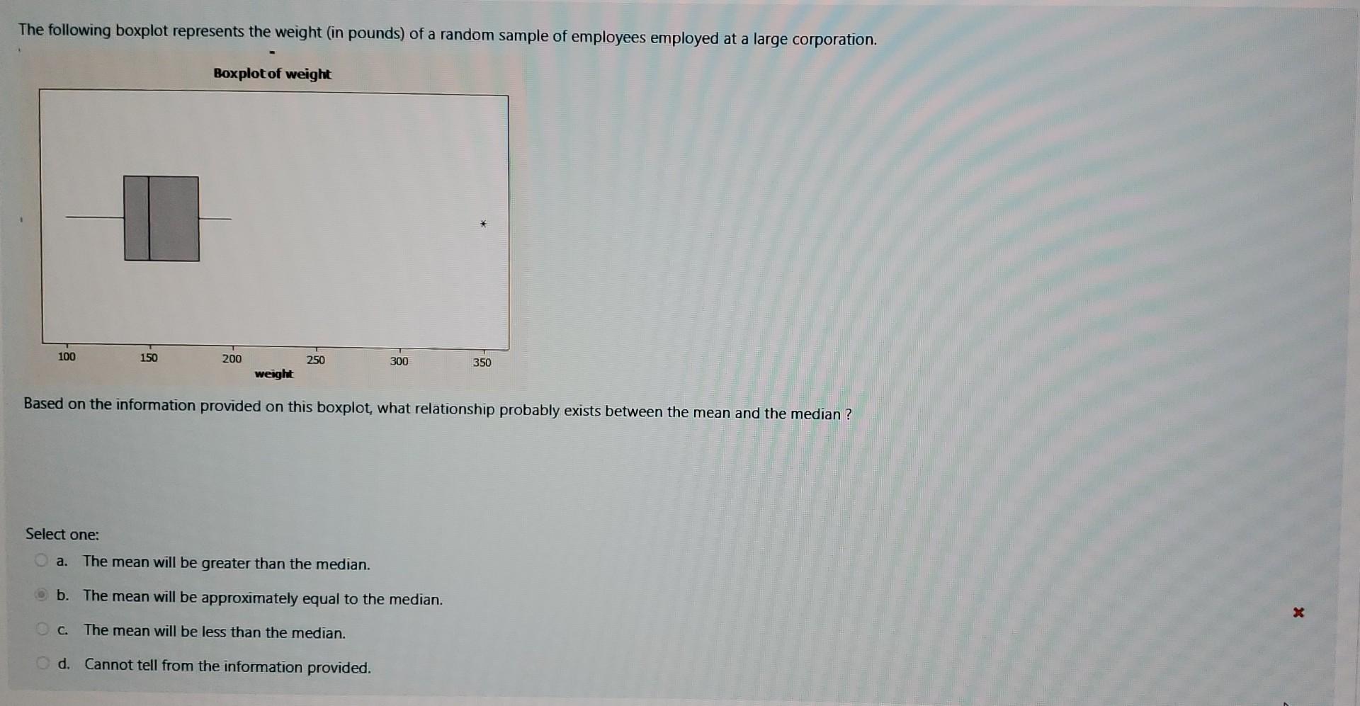 Solved The following boxplot represents the weight (in | Chegg.com