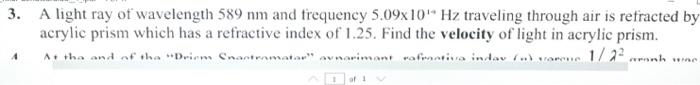 Solved 3. A light ray of wavelength 589 nm and frequency | Chegg.com