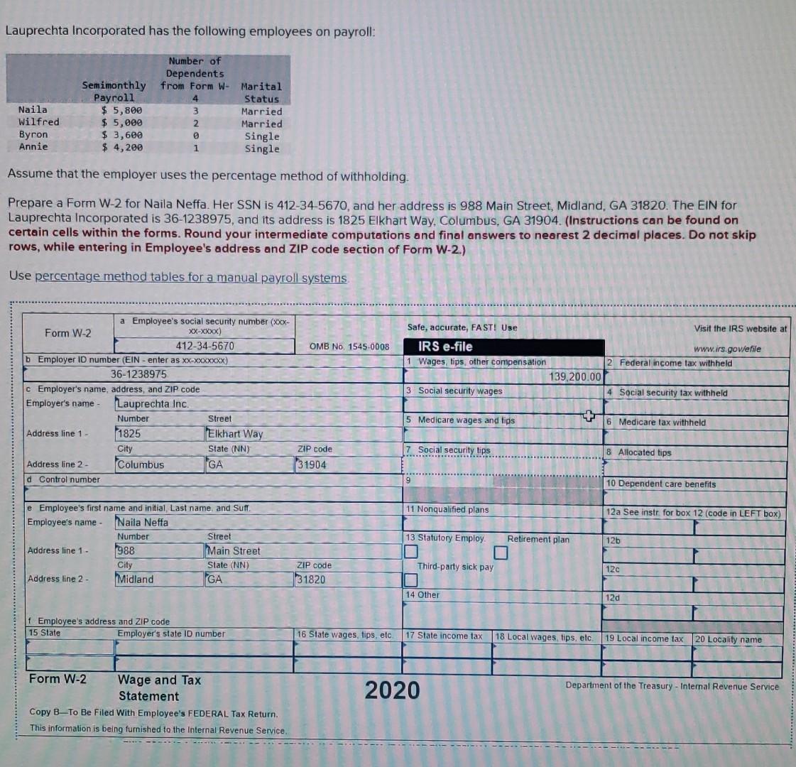 Lauprechta Incorporated has the following employees | Chegg.com