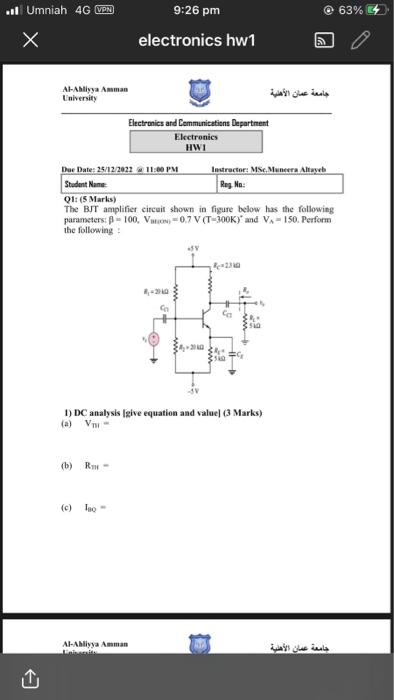 Solved 3) de and ac load line AC analysis Igive equation and | Chegg.com