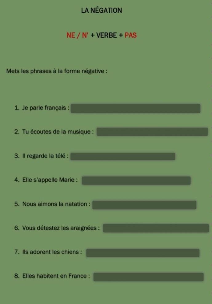 Solved LA NÉGATION NE/N' + VERBE + PAS Mets les phrases à la | Chegg.com