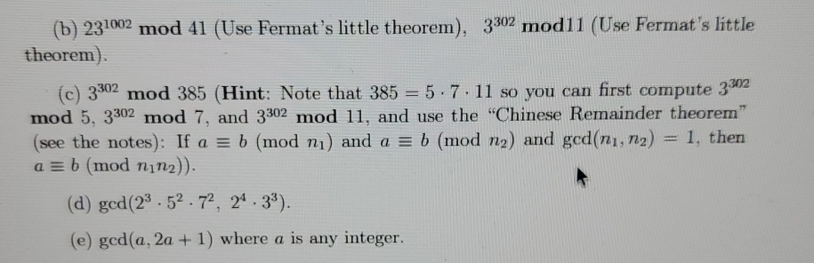 Solved (b) ﻿ Use Fermat's little theorem), ﻿ Use Fermat's | Chegg.com
