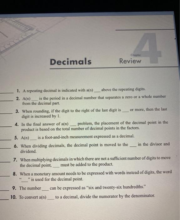 Solved A Chapter Decimals Review 1. A repeating decimal is | Chegg.com