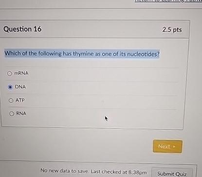 Solved Question 162.5ptsWhich of the following has thymine | Chegg.com
