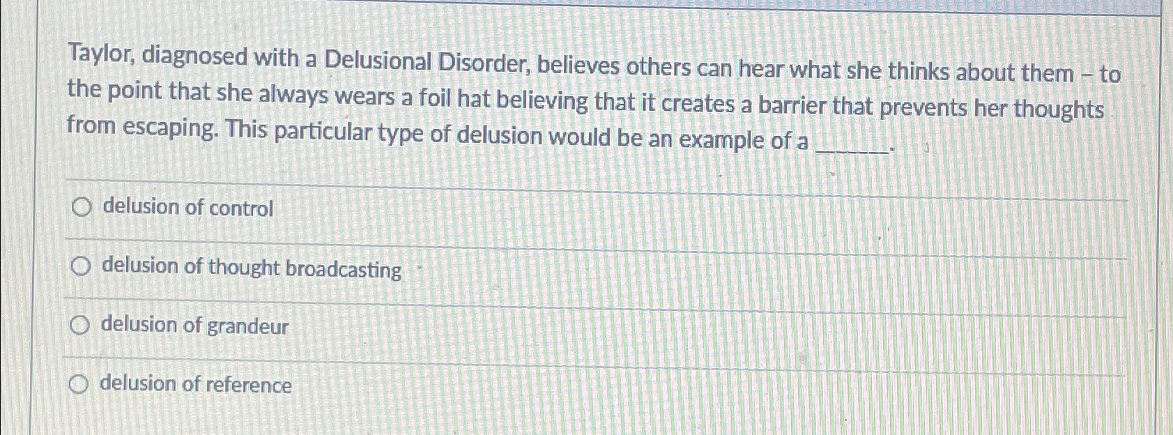 Solved Taylor, diagnosed with a Delusional Disorder, | Chegg.com