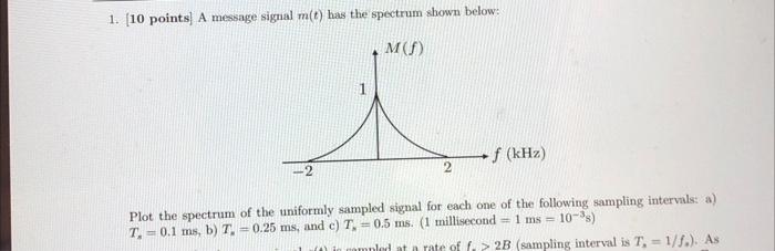 Solved 1. [10 points] A message signal m(t) has the spectrum | Chegg.com