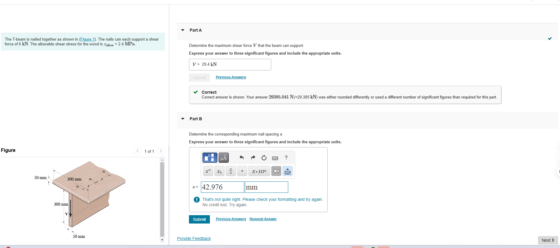 Solved The T-beam is nailed together as shown in (Figure 1). | Chegg.com