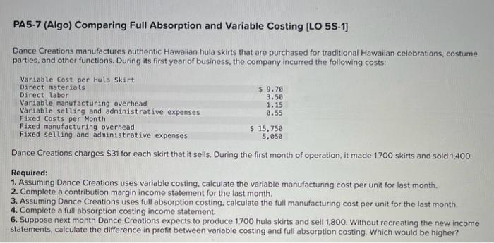 Solved PA5-7 (Algo) Comparing Full Absorption and Variable | Chegg.com