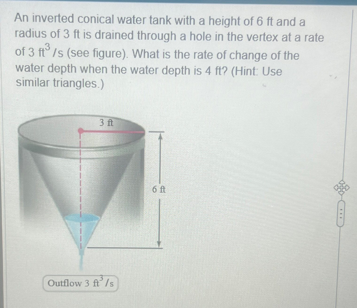Solved An inverted conical water tank with a height of 6ft | Chegg.com