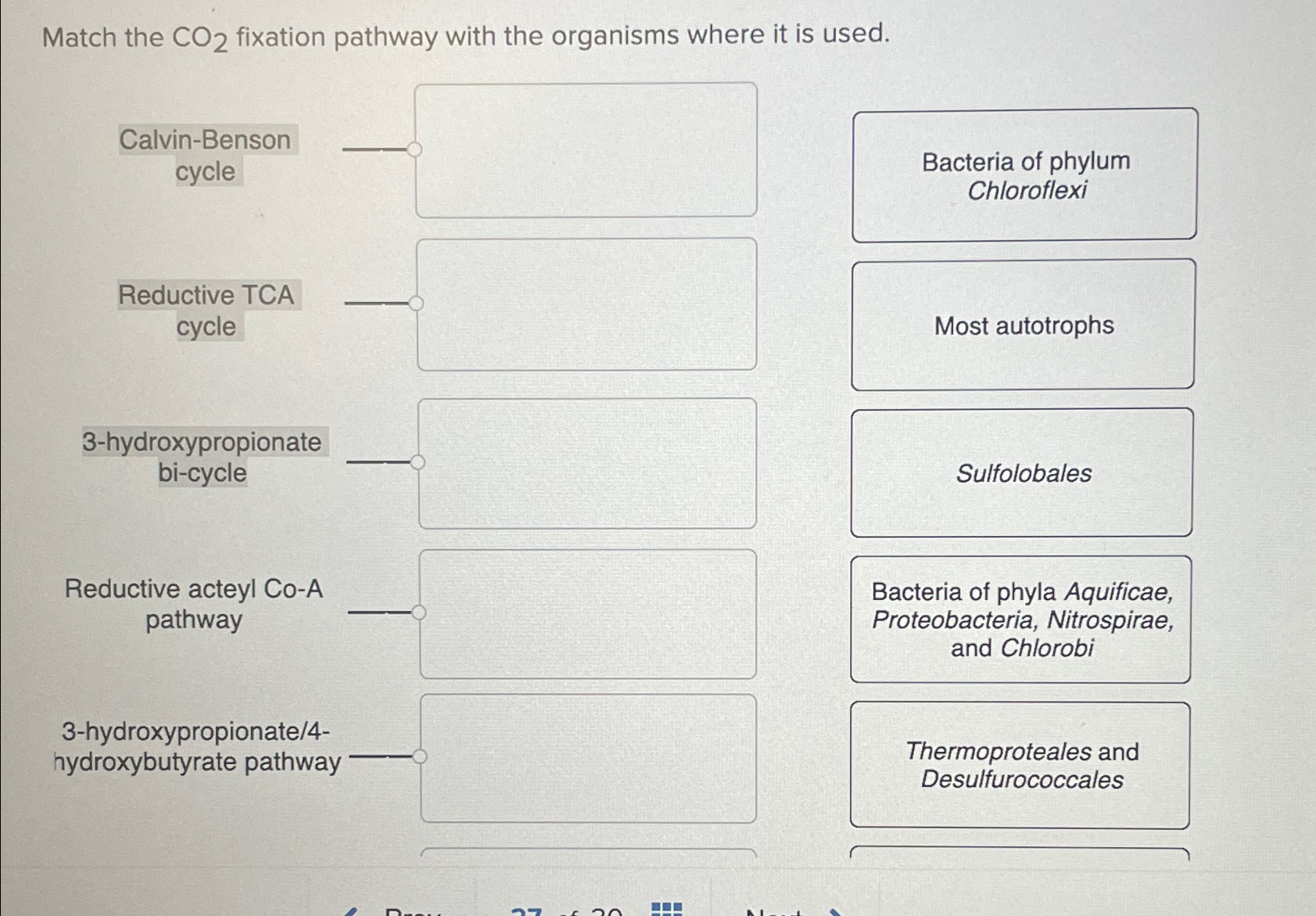 Solved Match the CO2 ﻿fixation pathway with the organisms | Chegg.com